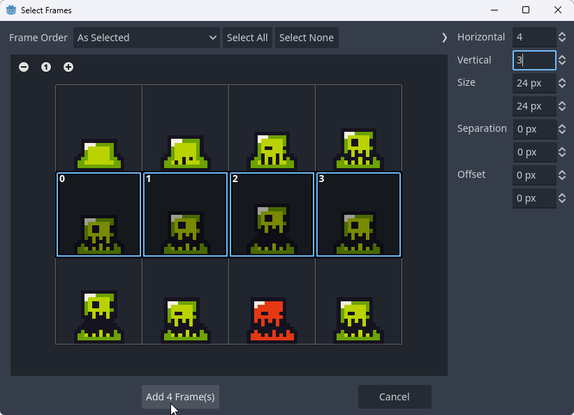 10. While "AnimatedSprite2D" is selected and the image is selected in ...